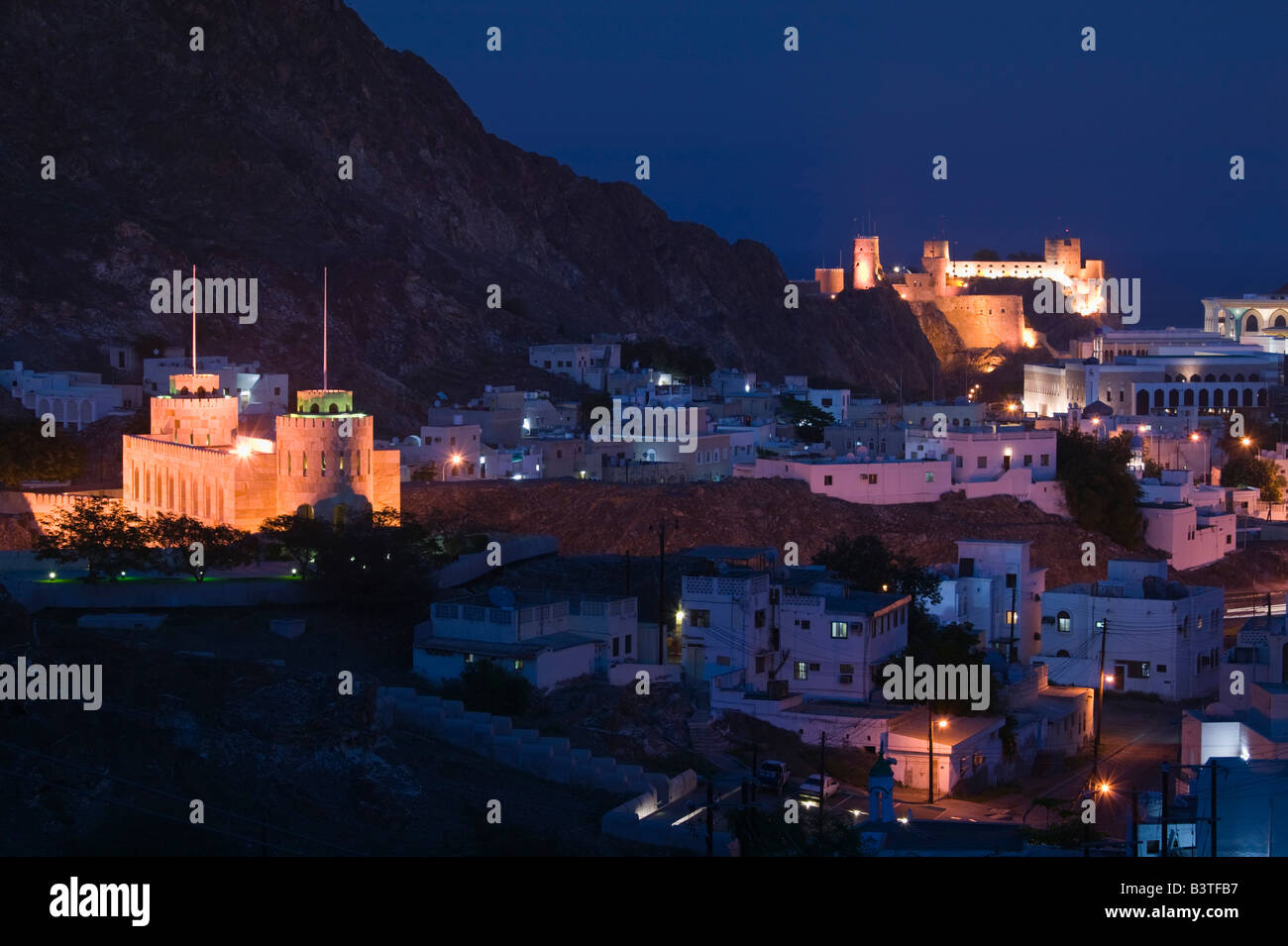 Oman, Muscat, Walled City of Muscat. Muscat Gate Museum and Mirani Fort ...