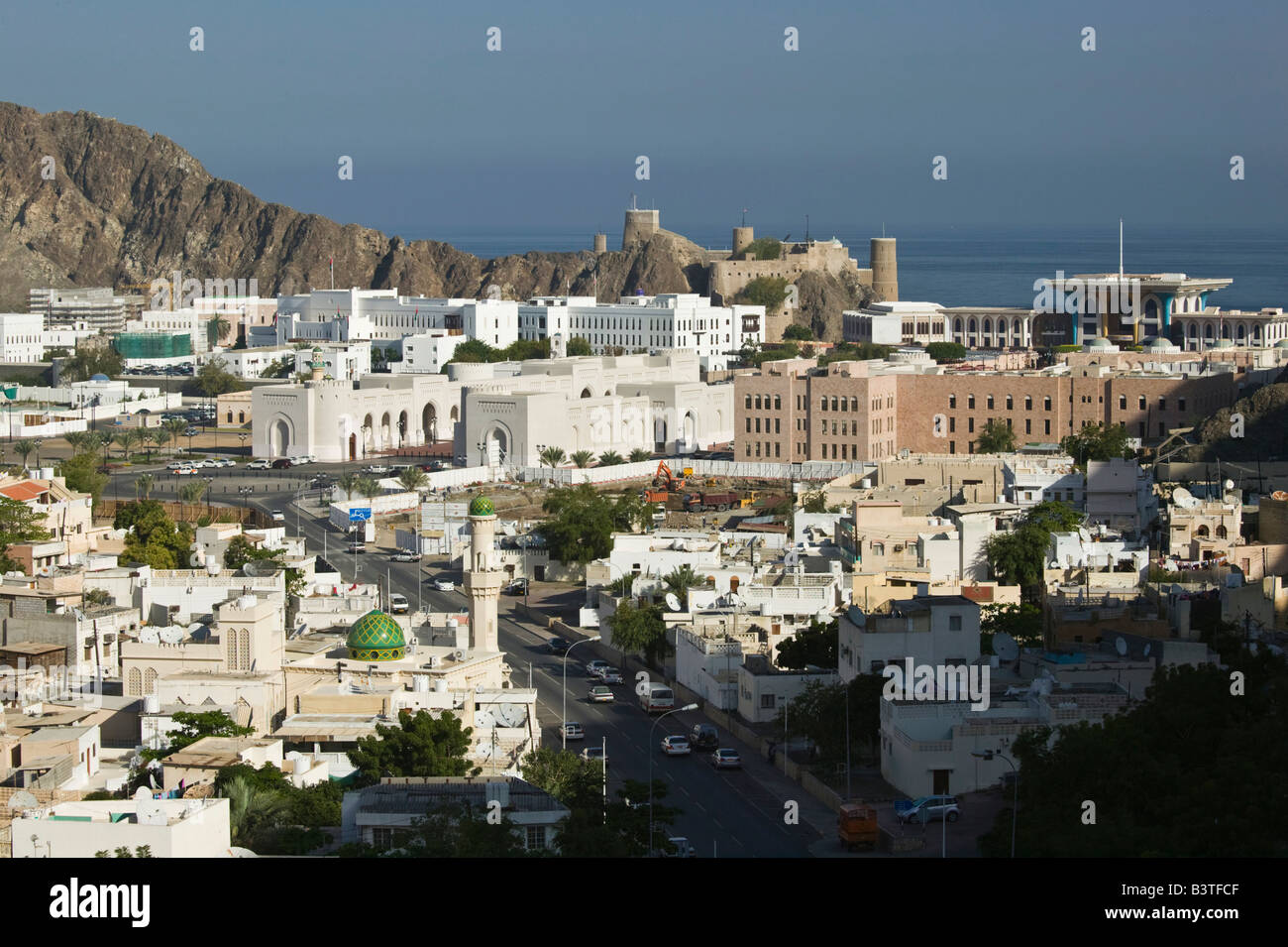 Oman, Muscat, Walled City of Muscat. View of Mirani Fort and Government ...