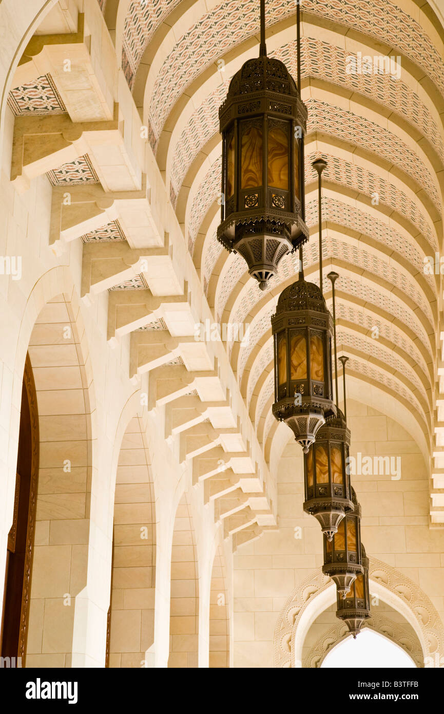Oman, Muscat, Al, Ghubrah. Grand Mosque, Arches and Lanterns Stock ...