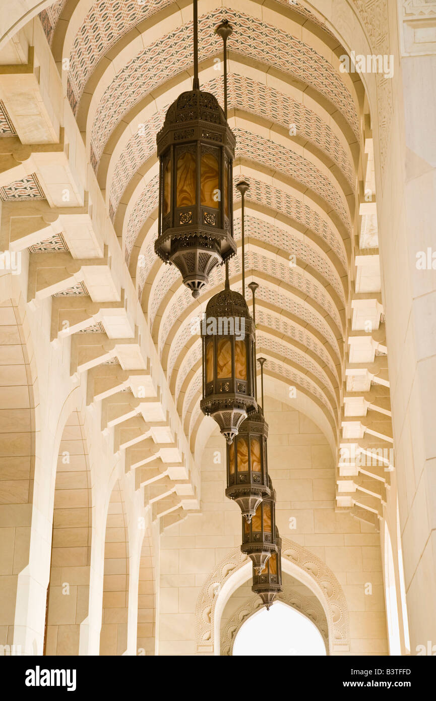 Oman, Muscat, Al, Ghubrah. Grand Mosque, Arches and Lanterns Stock ...