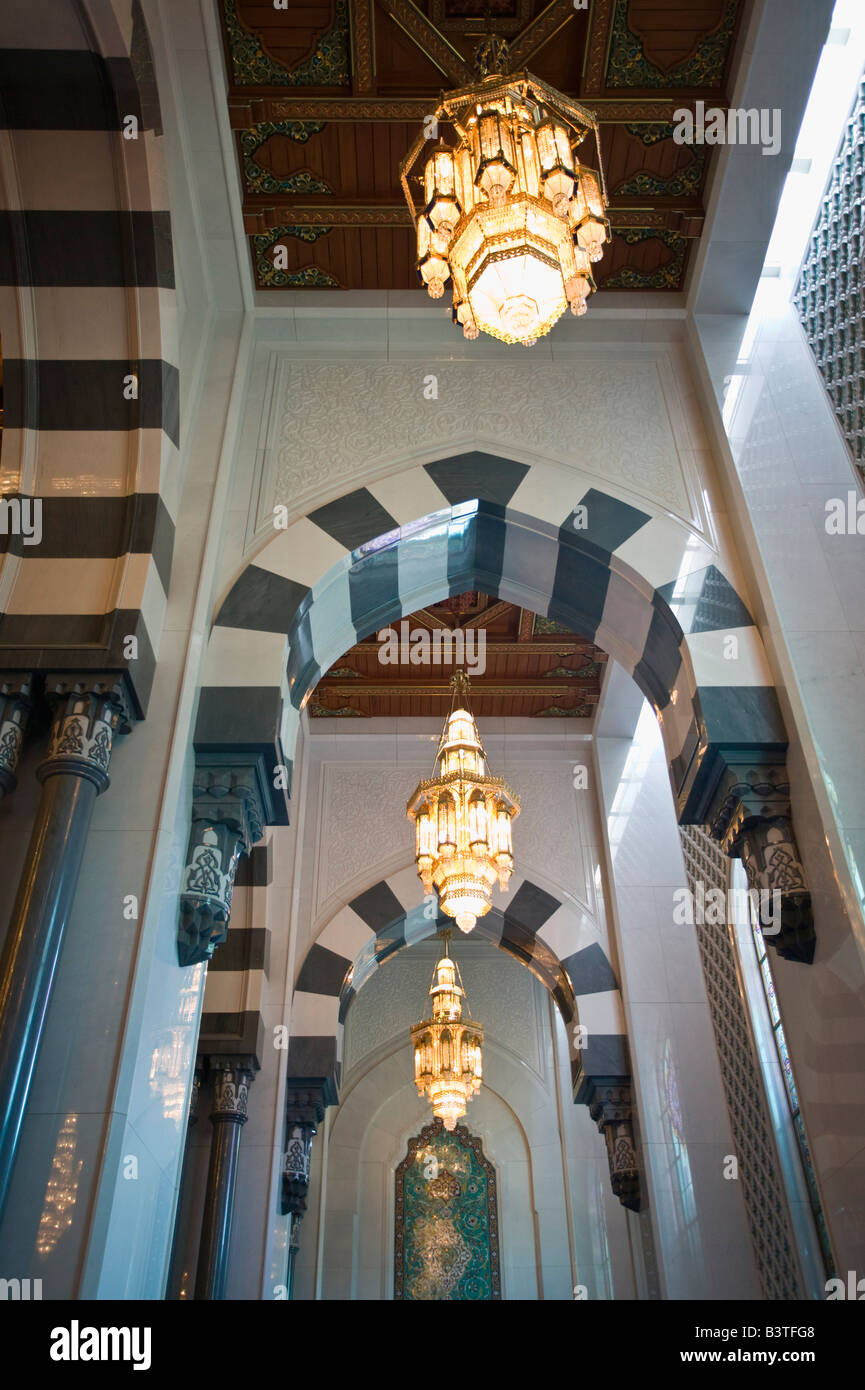Oman, Muscat, Al, Ghubrah. Grand Mosque, Main Hall Archways Stock Photo ...