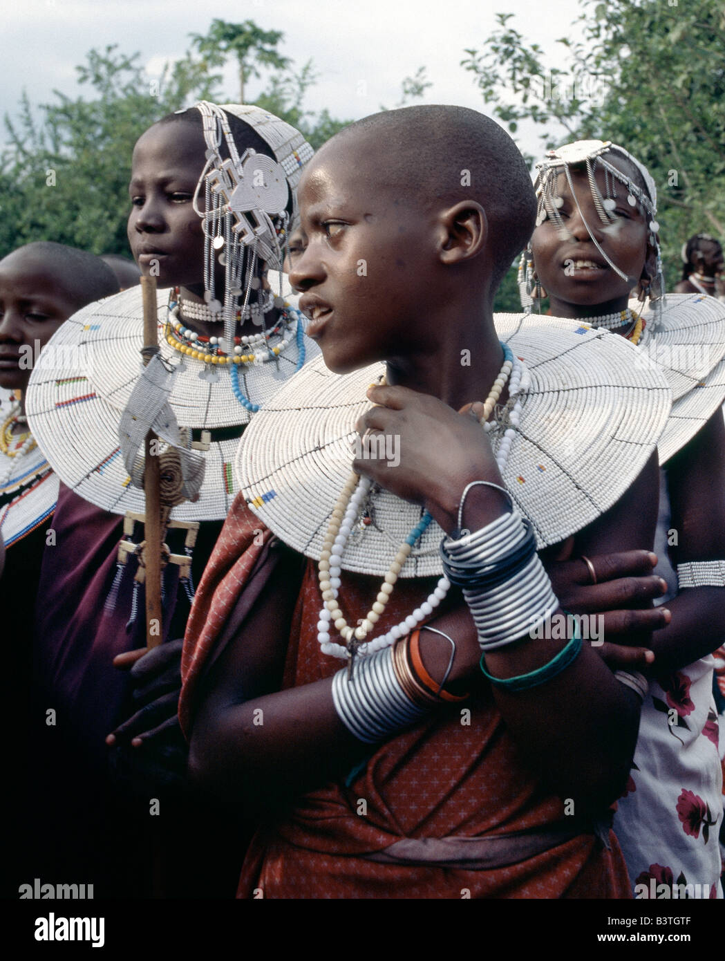 Tanzania, Northern Tanzania, Engaruka. Maasai girls gather to celebrate ...