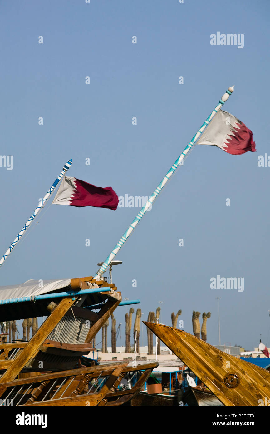 Qatar, Ad Dawhah, Doha. Dhow Harbor- Qatar Flag on Traditional Dhow ...
