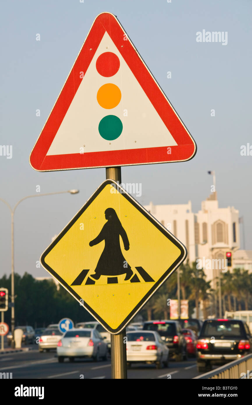 Qatar, Ad Dawhah, Doha. Arabian Pedestrian Crossing Sign on Al-Corniche ...