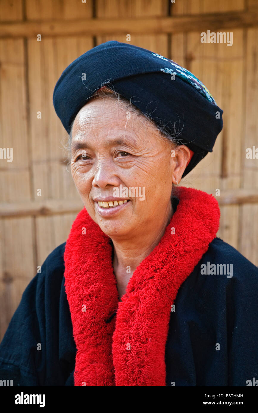 Lu-Mien or Yao hilltribe woman wearing traditional pom pom neck scarf ...
