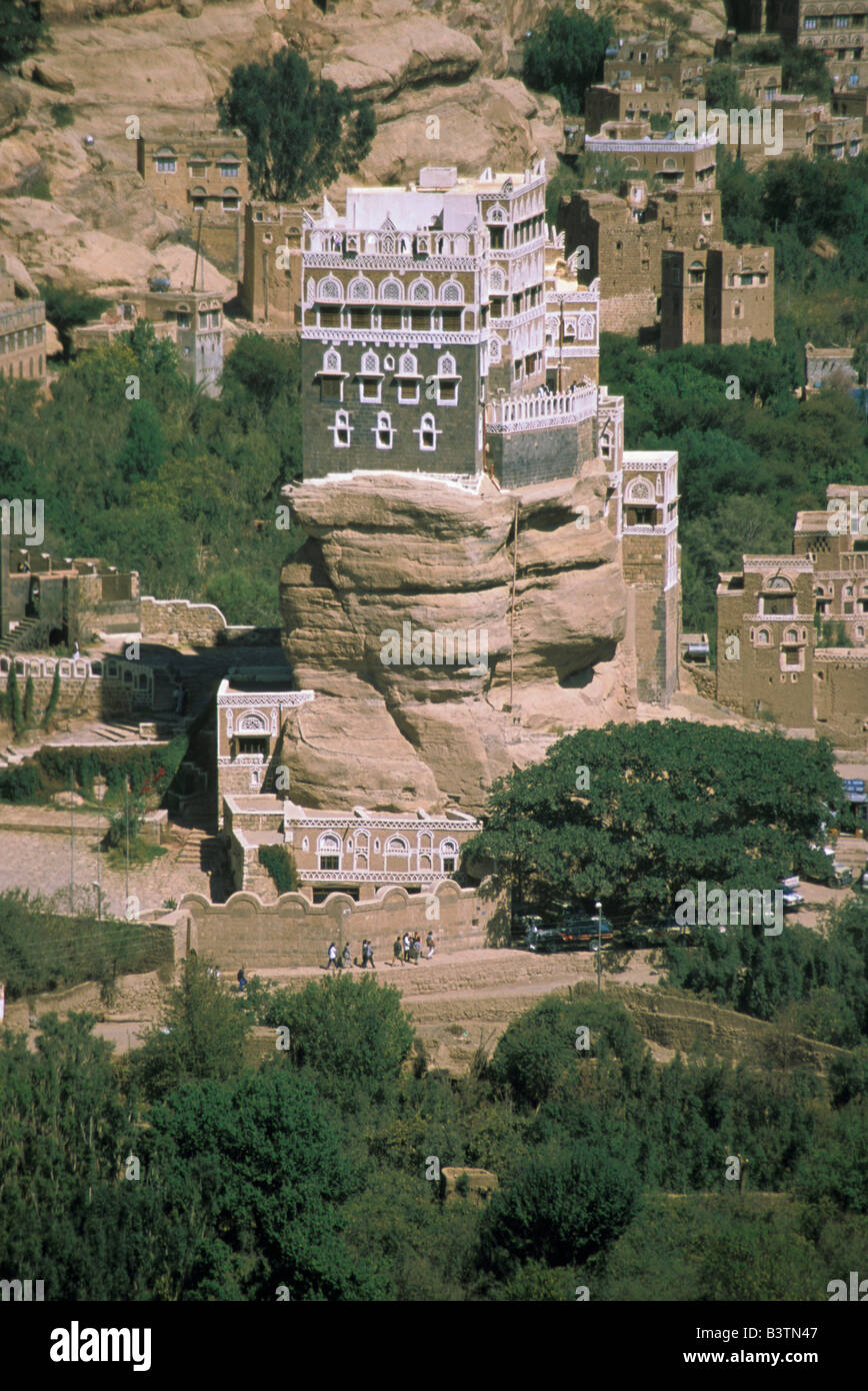 Asia, Yemen, Wadi Dhar. Rock Palace, or Dar Al Hajar, from above Stock ...
