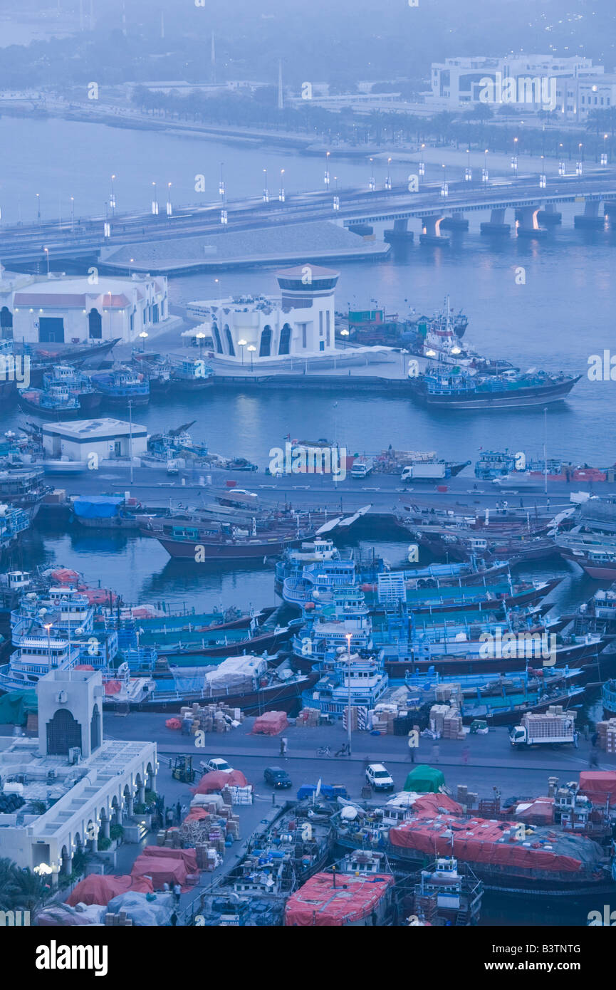 United Arab Emirates, Dubai, Deira. Dhow Wharves and Al-Maktoum Bridge ...