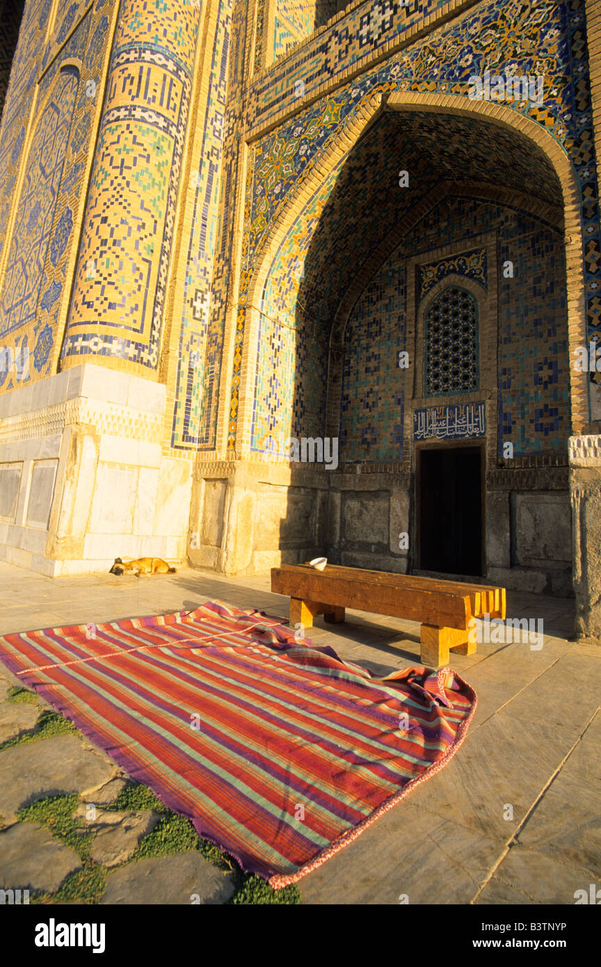 Sleeping dog and colorful carpet Madrasa door Registan, Samarkand ...