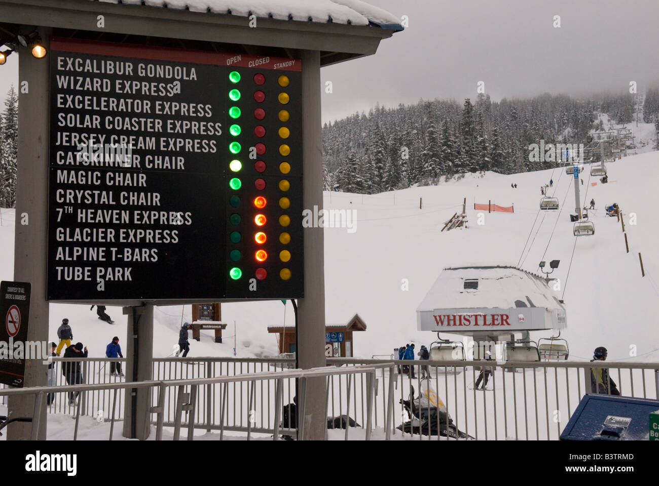 Canada, BC, Whistler/Blackcomb Resort. Sign at mountain base shows open ...