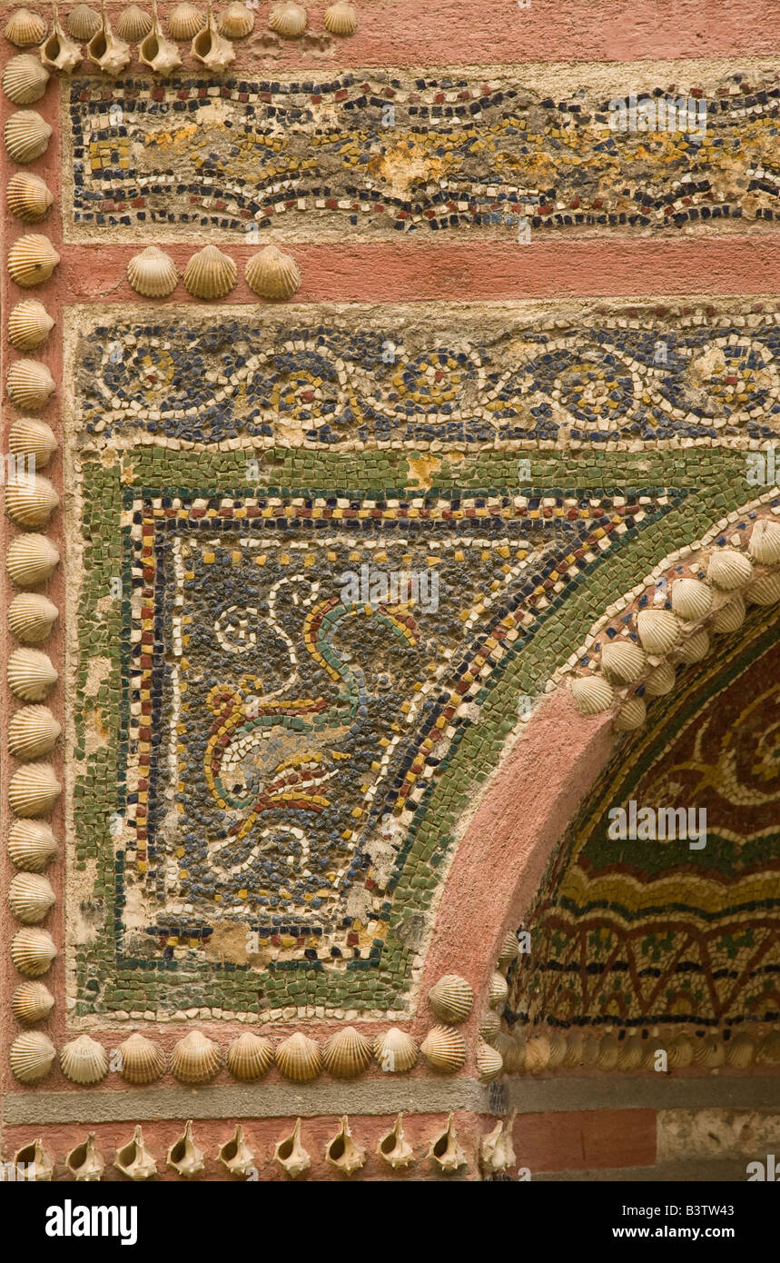 Europe, Italy, Campania, Pompeii. Detail of mosaic with inlaid shells ...