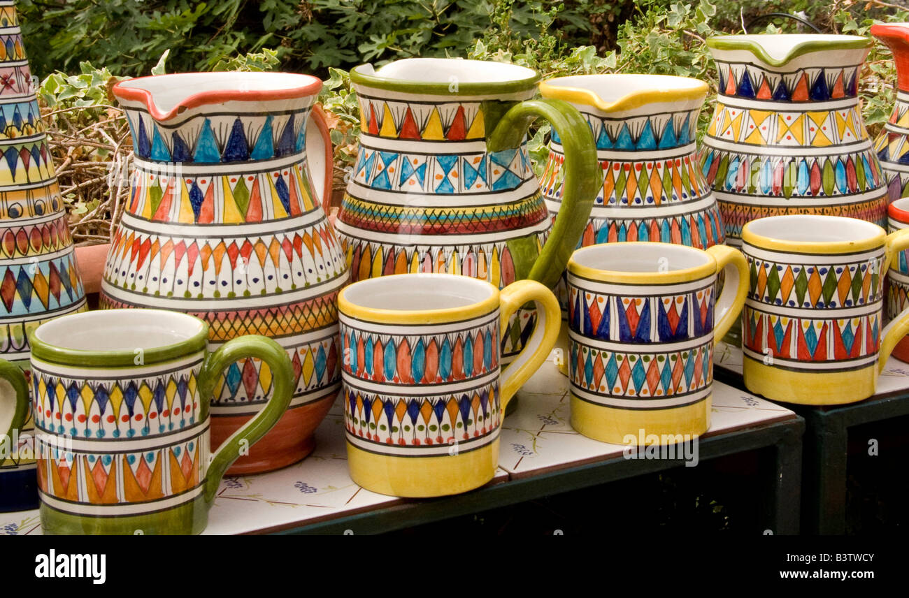 Europe, Italy, Positano. Colorful hand-painted ceramic pitchers and ...