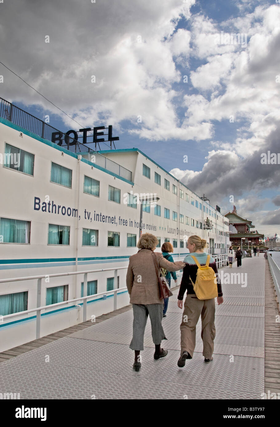 Amstel Botel, a floating hotel in the Amsterdam Harbour, with young ...