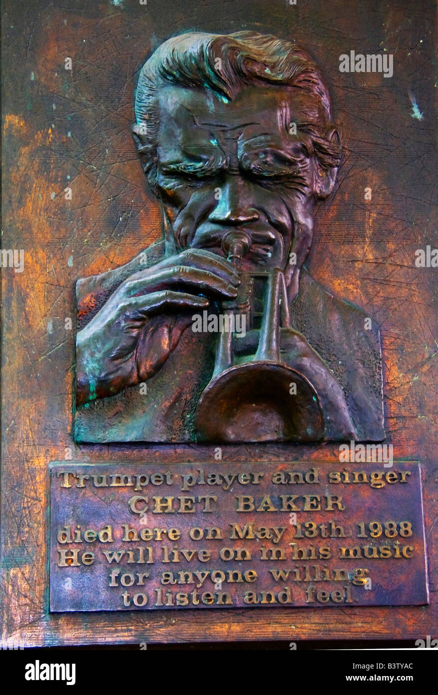Chet Barker playing trumpet bronze plaque Stock Photo - Alamy