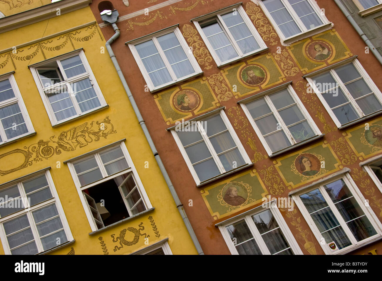 Europe, Poland, Gdansk. Detail of painted building facades in Old Town ...