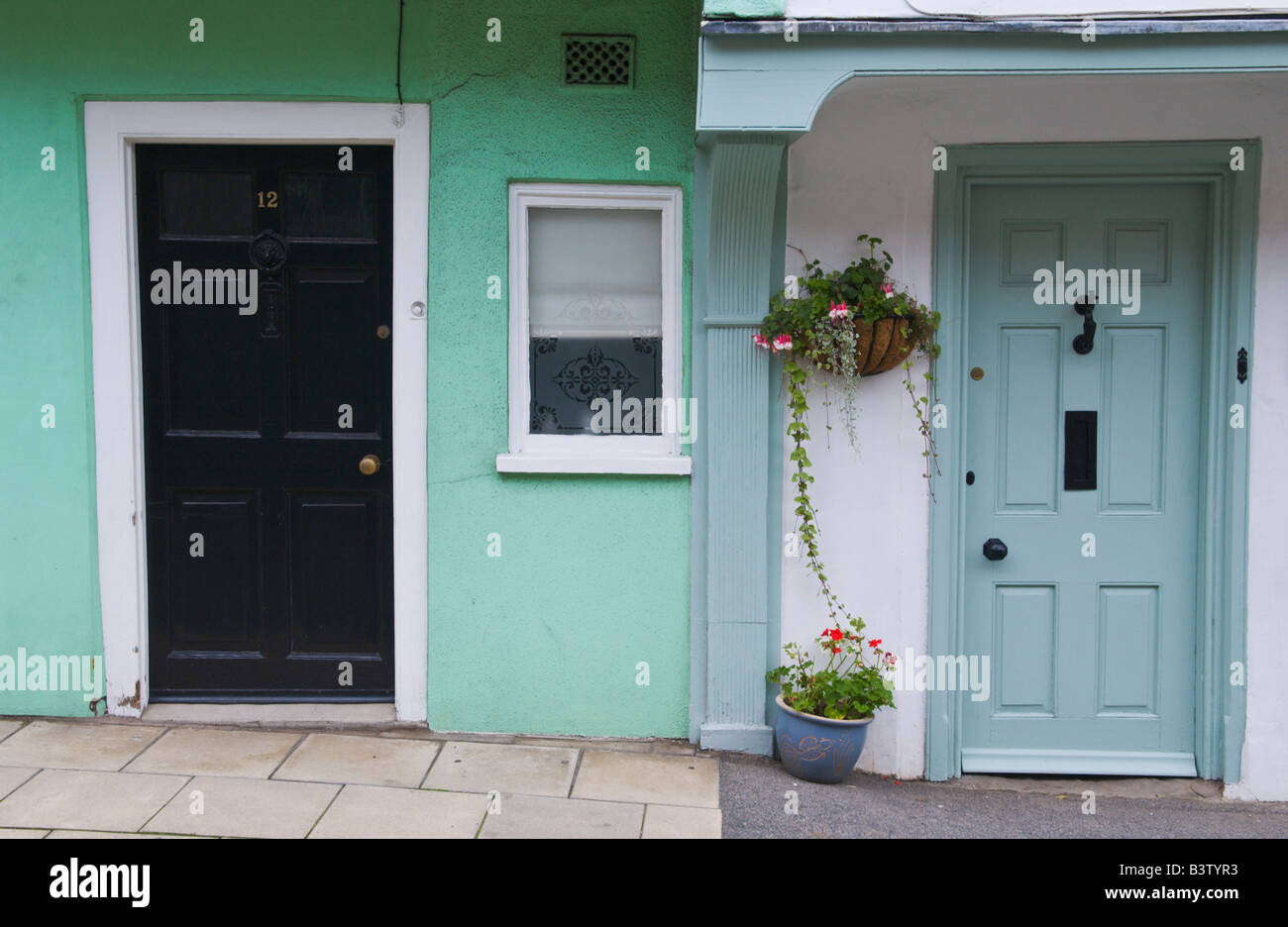 Front doors in pastel colours of townhouses in Ludlow Shropshire ...