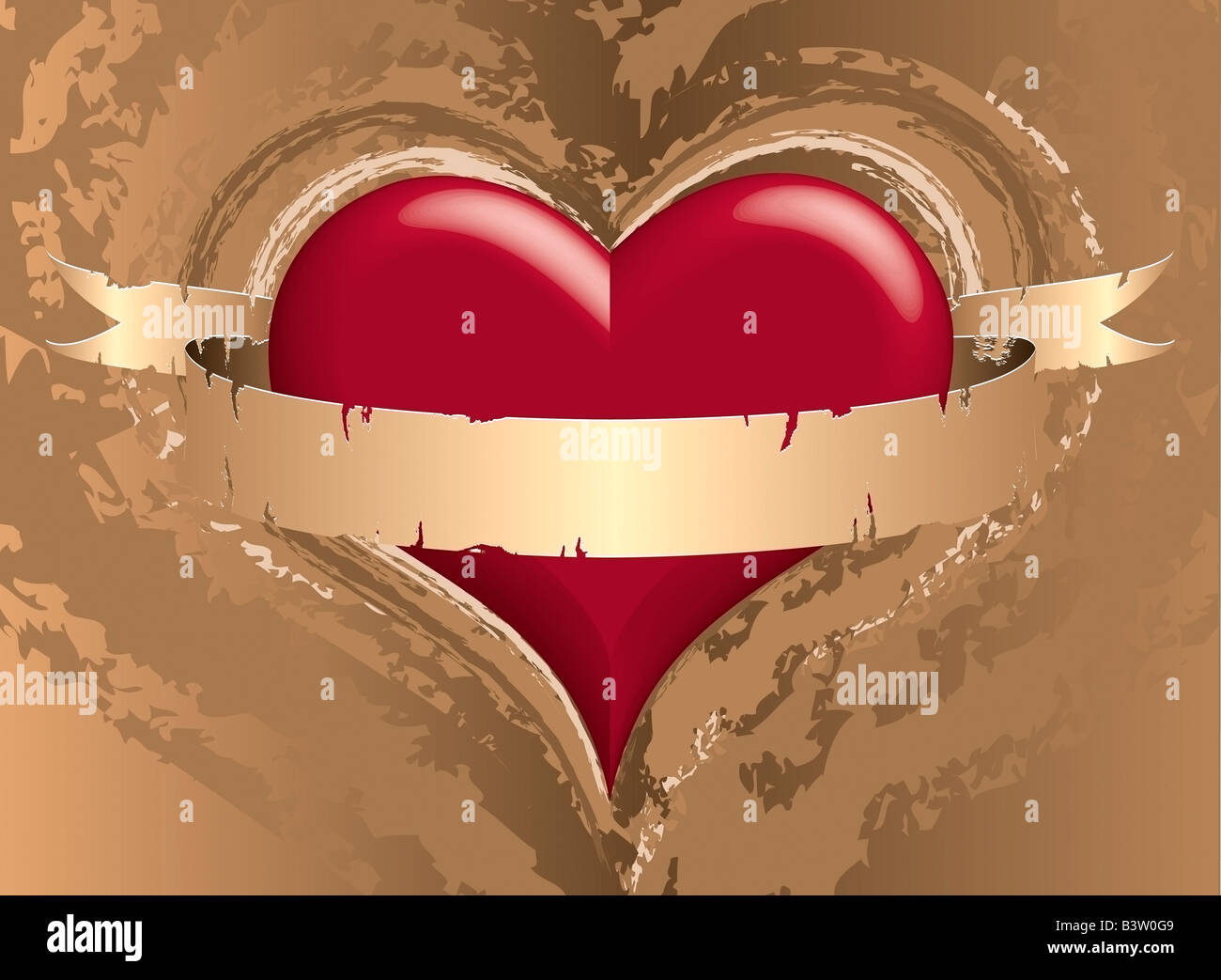 illustration of red heart with golden banner on grunged fond Stock ...