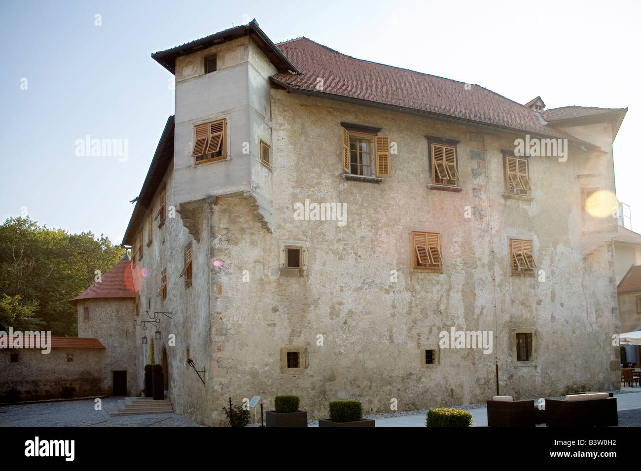 Inside the ramparts of Castle Otocec on an isle of Krka River 7km from ...