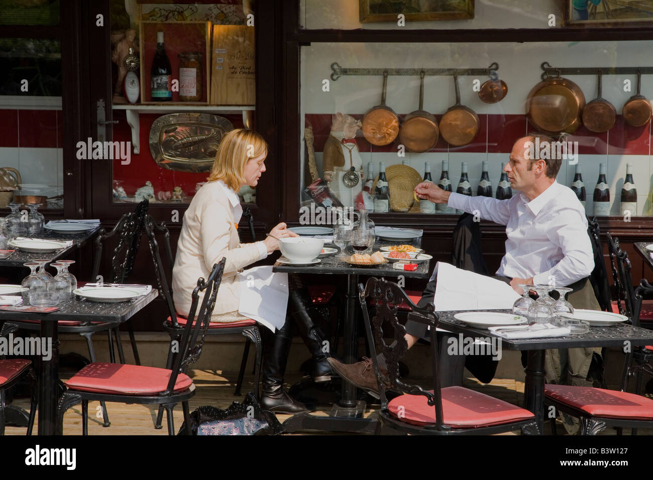 French chefs enjoy alfresco lunch in pavement cafe restaurant France ...