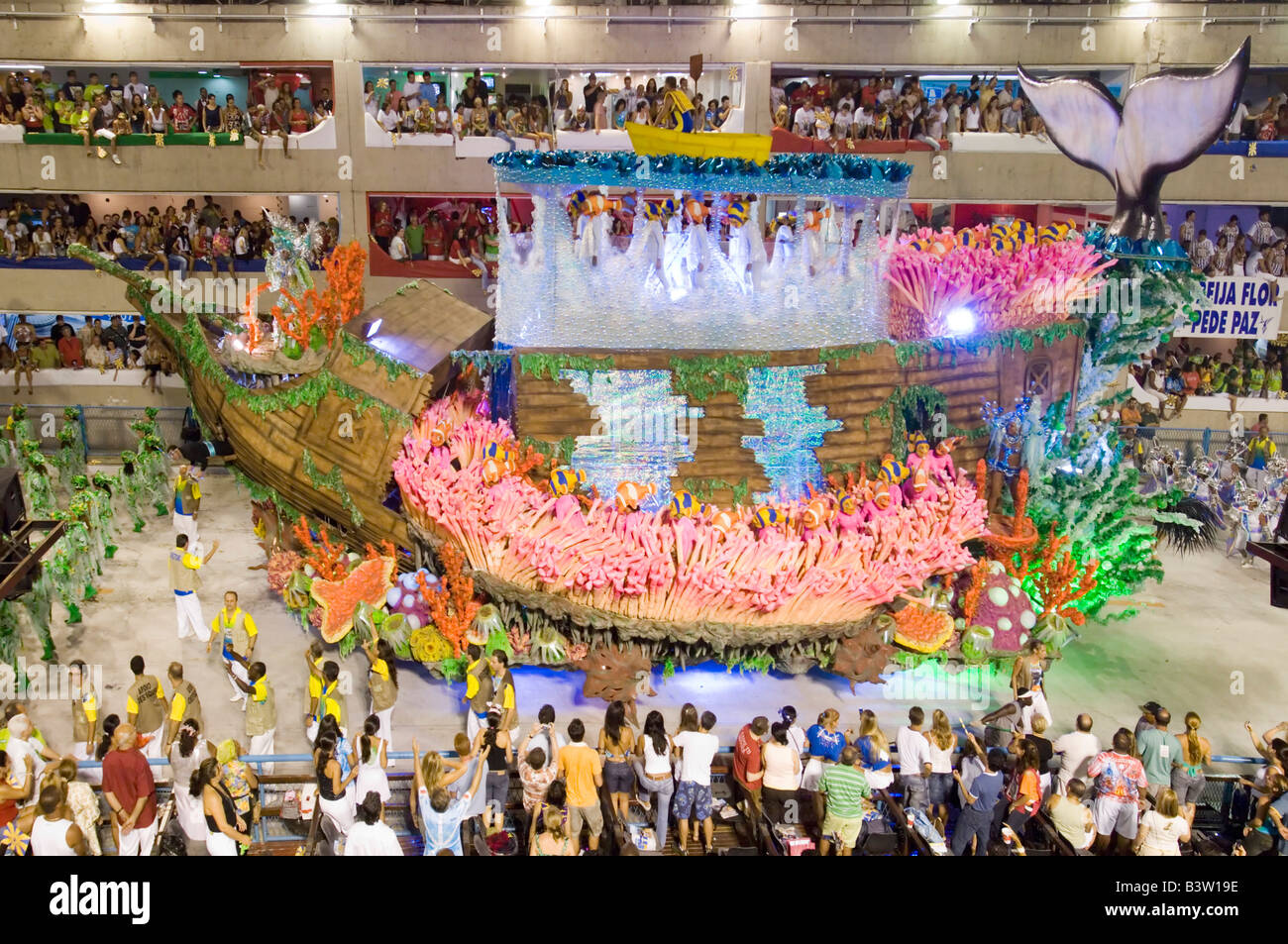One of the floats and samba school on its way down the parade strip at ...