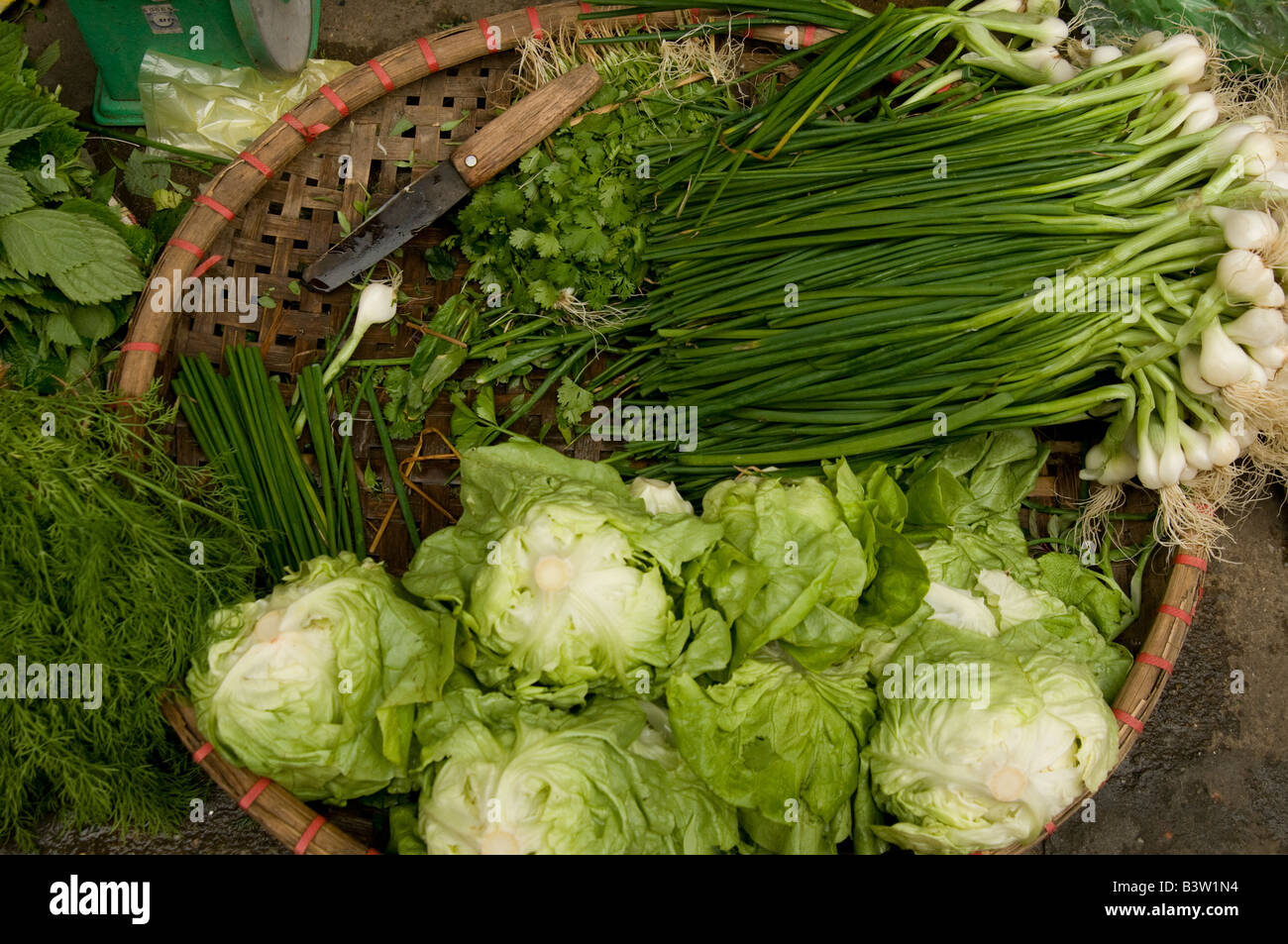 A close up of fresh spring onions and lettuce in a Hanoi street market ...