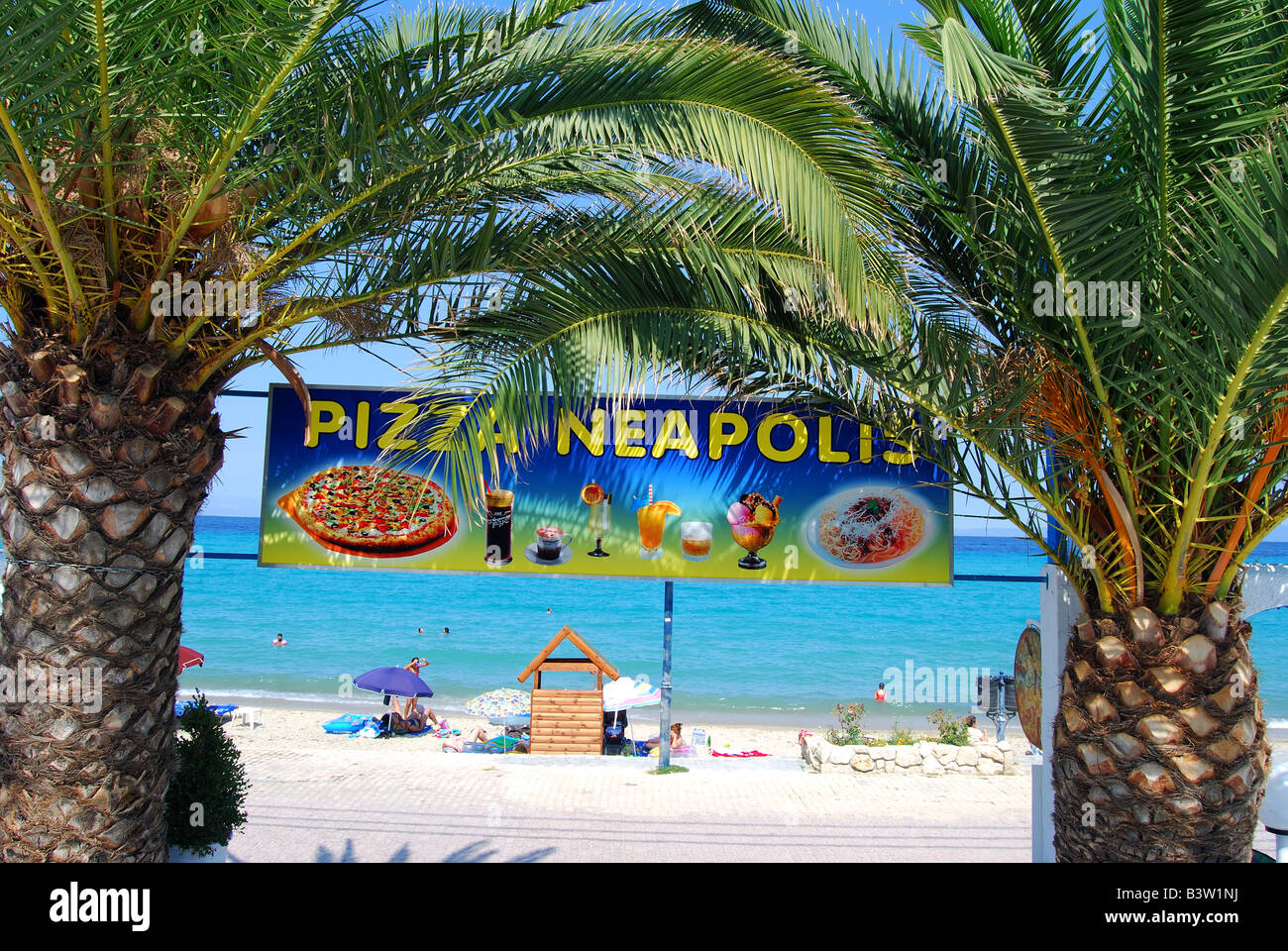 Beach and promenade view, Polychrono, Kassandra Peninsula, Chalkidiki ...