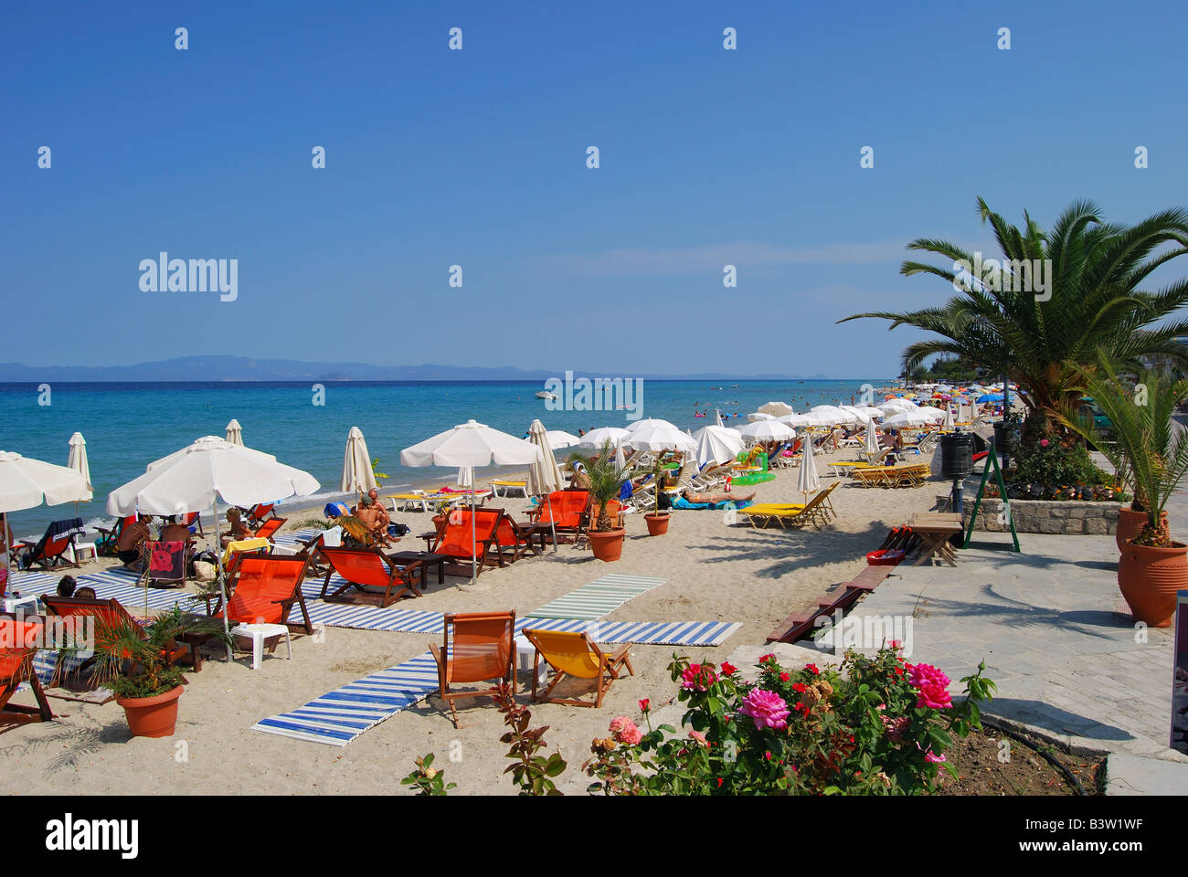 Beach and promenade view, Polychrono, Kassandra Peninsula, Chalkidiki ...