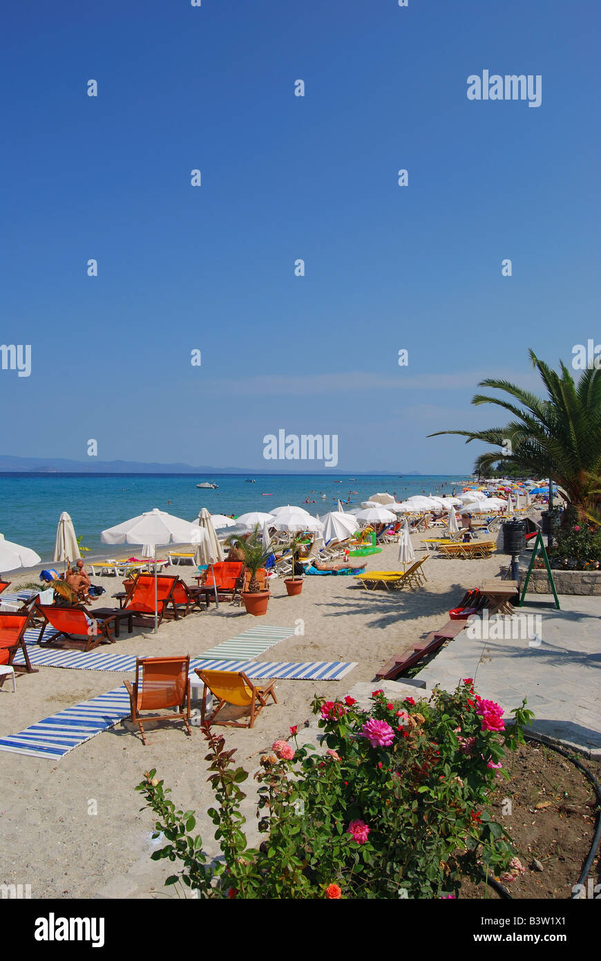 Beach and promenade view, Polychrono, Kassandra Peninsula, Chalkidiki ...