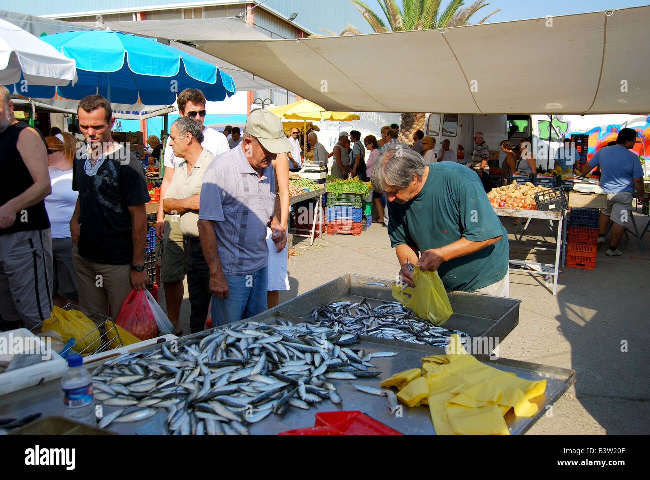 Fish stall, street market, Nea Moudania, Chalkidiki, Central Macedonia ...