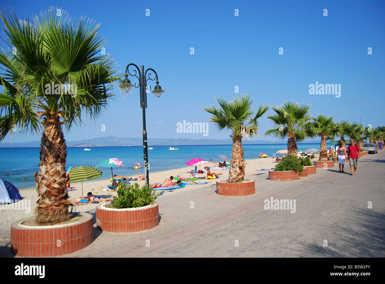 Beach and promenade view, Polychrono, Kassandra Peninsula, Chalkidiki ...