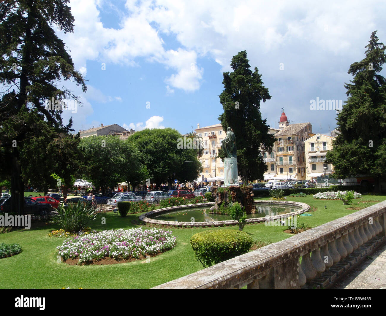 Small park or garden with Statue and water feature, Corfu Town, Island ...