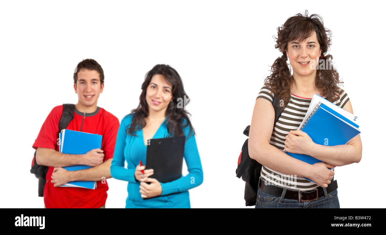 Three students with books and backpacks over a white background Focus ...