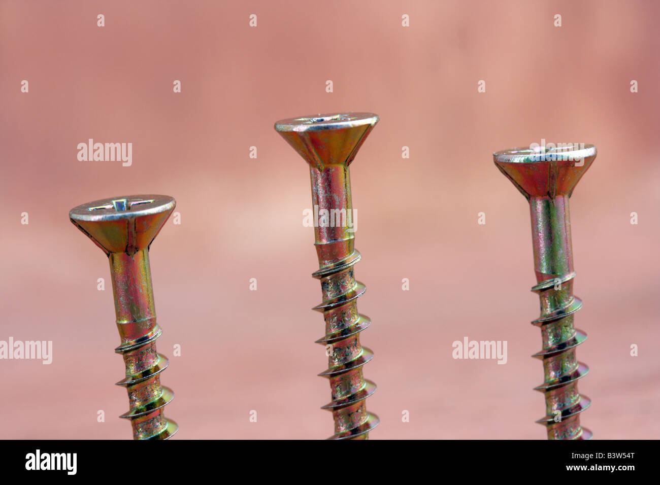 THREE SCREWS WITH TIMBER BACKGROUND HORIZONTAL BDB11309 Stock Photo - Alamy