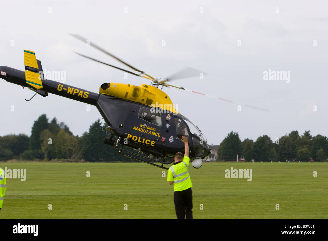 Police helicopter taking off in response to emergency call Stock Photo ...