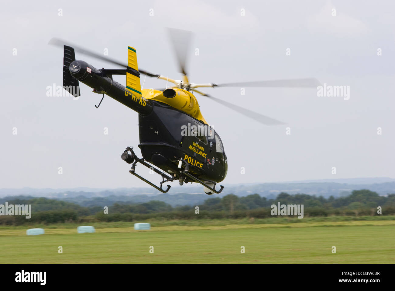 Police helicopter taking off in response to emergency call Stock Photo ...