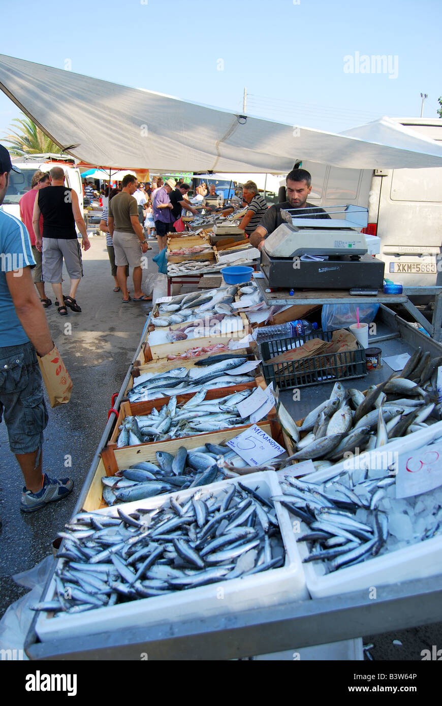Fish stall, street market, Nea Moudania, Chalkidiki, Central Macedonia ...