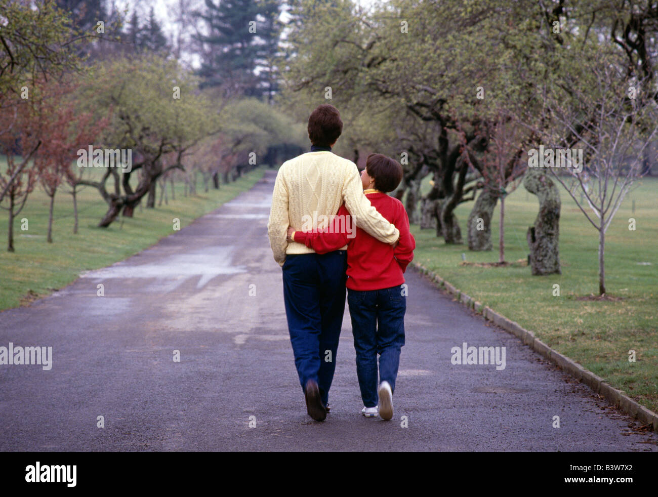 Married couple walking arm in arm down a tree lined road in a country ...