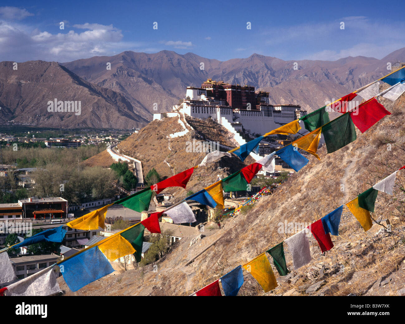 Tibet Lhasa Potala Palace view with prayer flags in bkgd Stock Photo ...