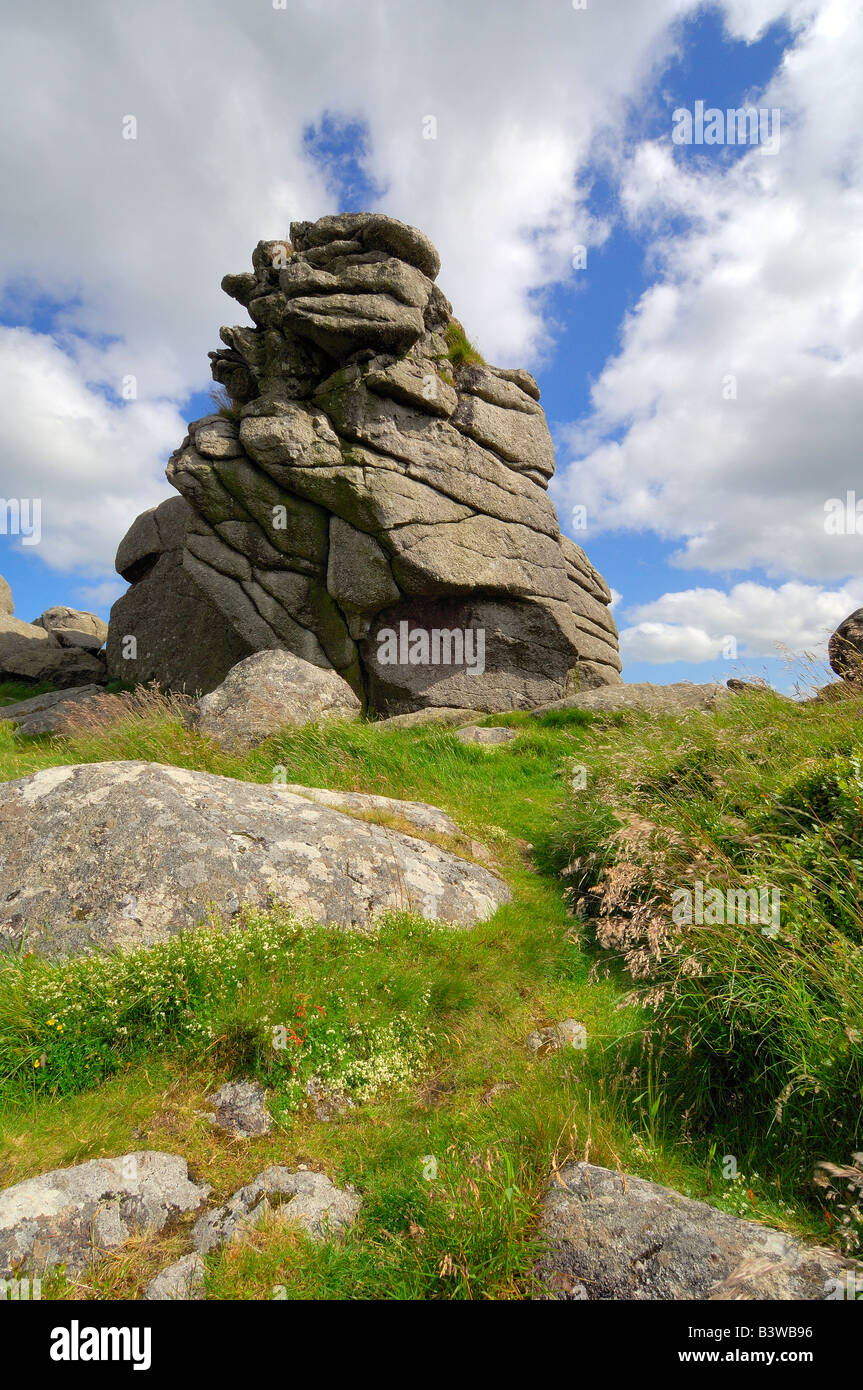 A granite rock stack amongst Bonehill Rocks on Dartmoor with blue sky ...