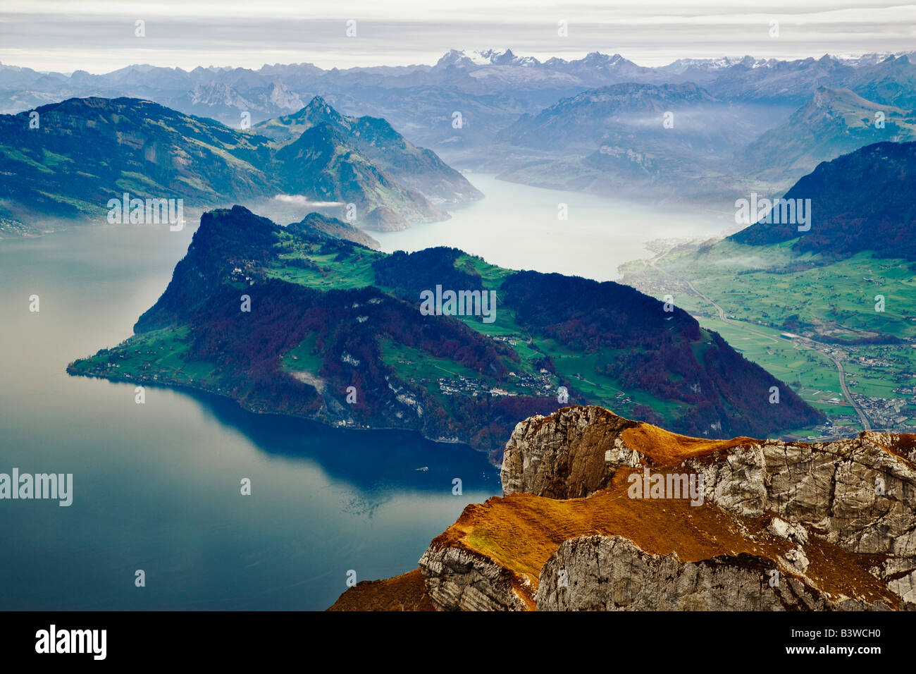 Lake Lucerne surrounded by the Alps and rural countryside viewed from ...
