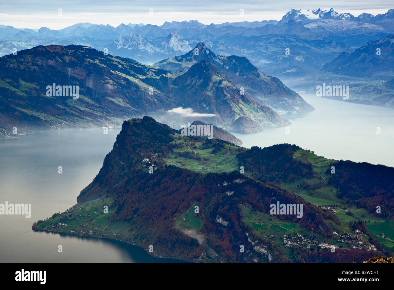 Lake Lucerne surrounded by the Alps and rural countryside viewed from ...