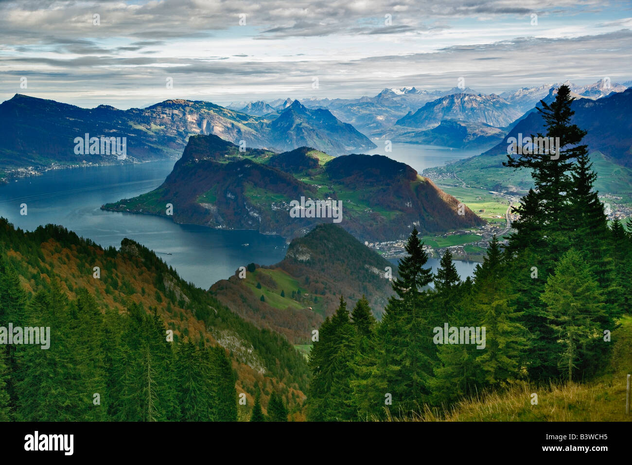 Lake Lucerne surrounded by the Alps and rural countryside viewed from ...