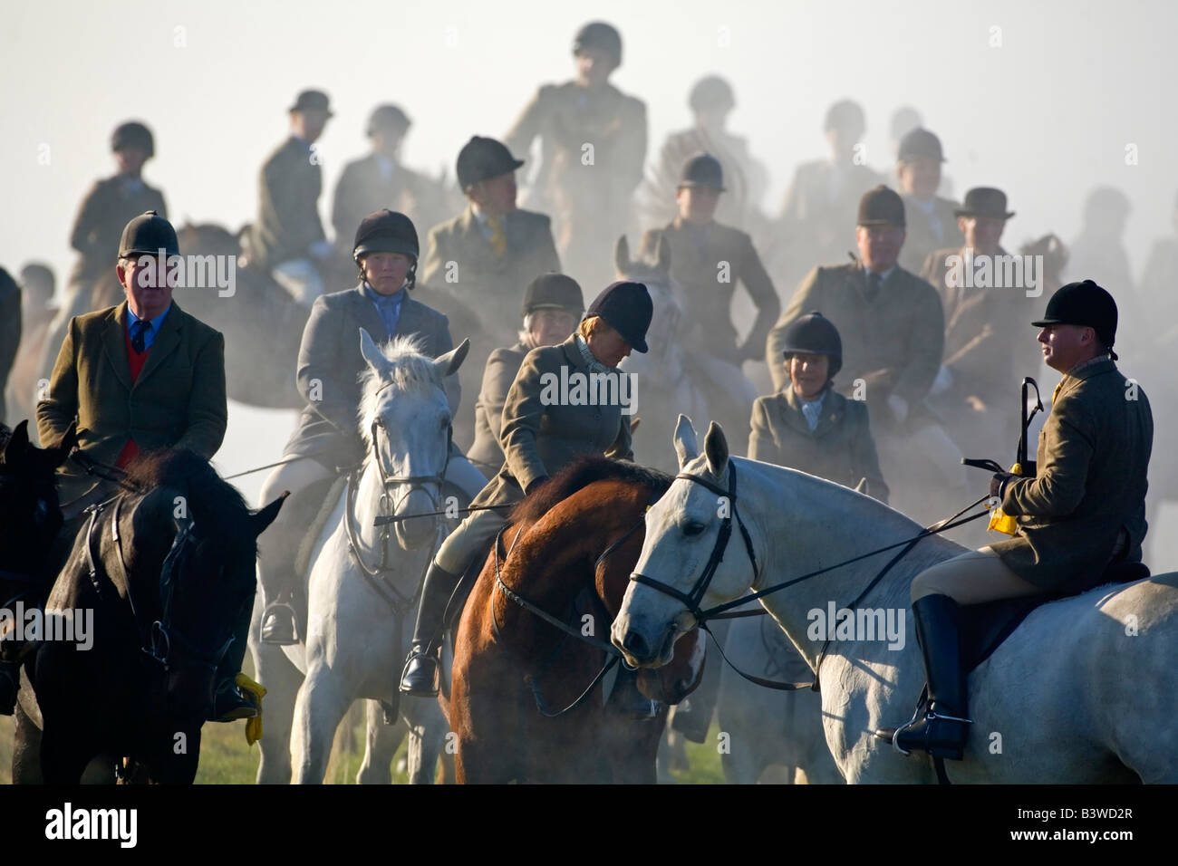 UK, England, Gloucestershire. Fox Hunters and their horses meet on a ...