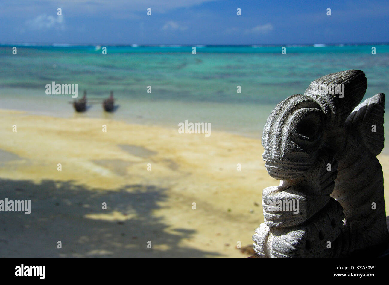 South Pacific, French Polynesia, Moorea. Stone Tiki with traditional ...