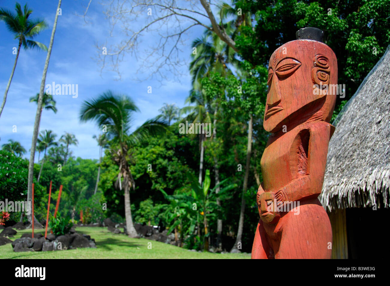 South Pacific, French Polynesia, Tahiti. Open air Tiki Temple park ...