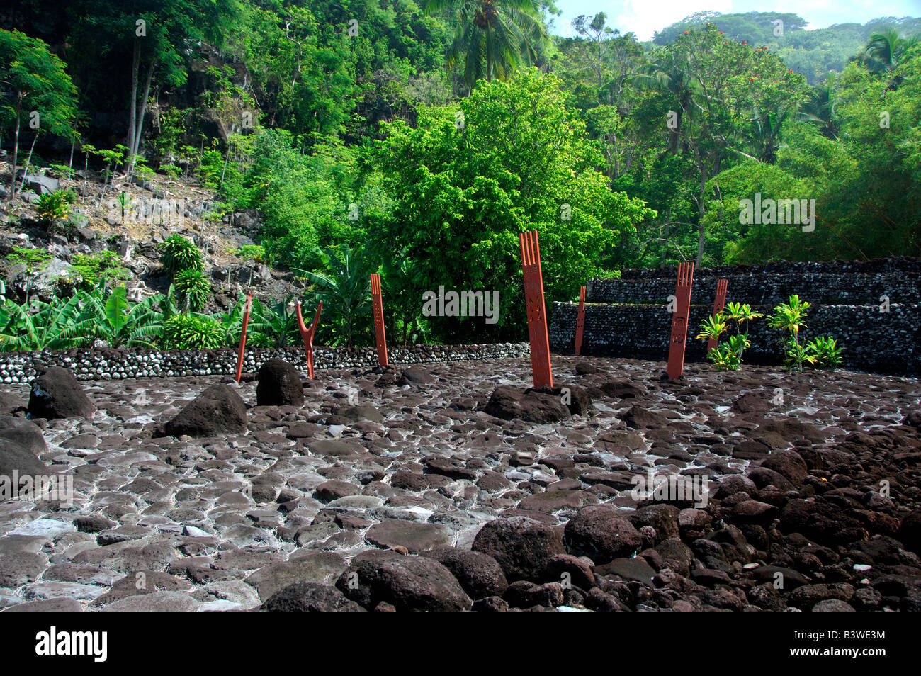 South Pacific, French Polynesia, Tahiti. Open air Tiki Temple park ...