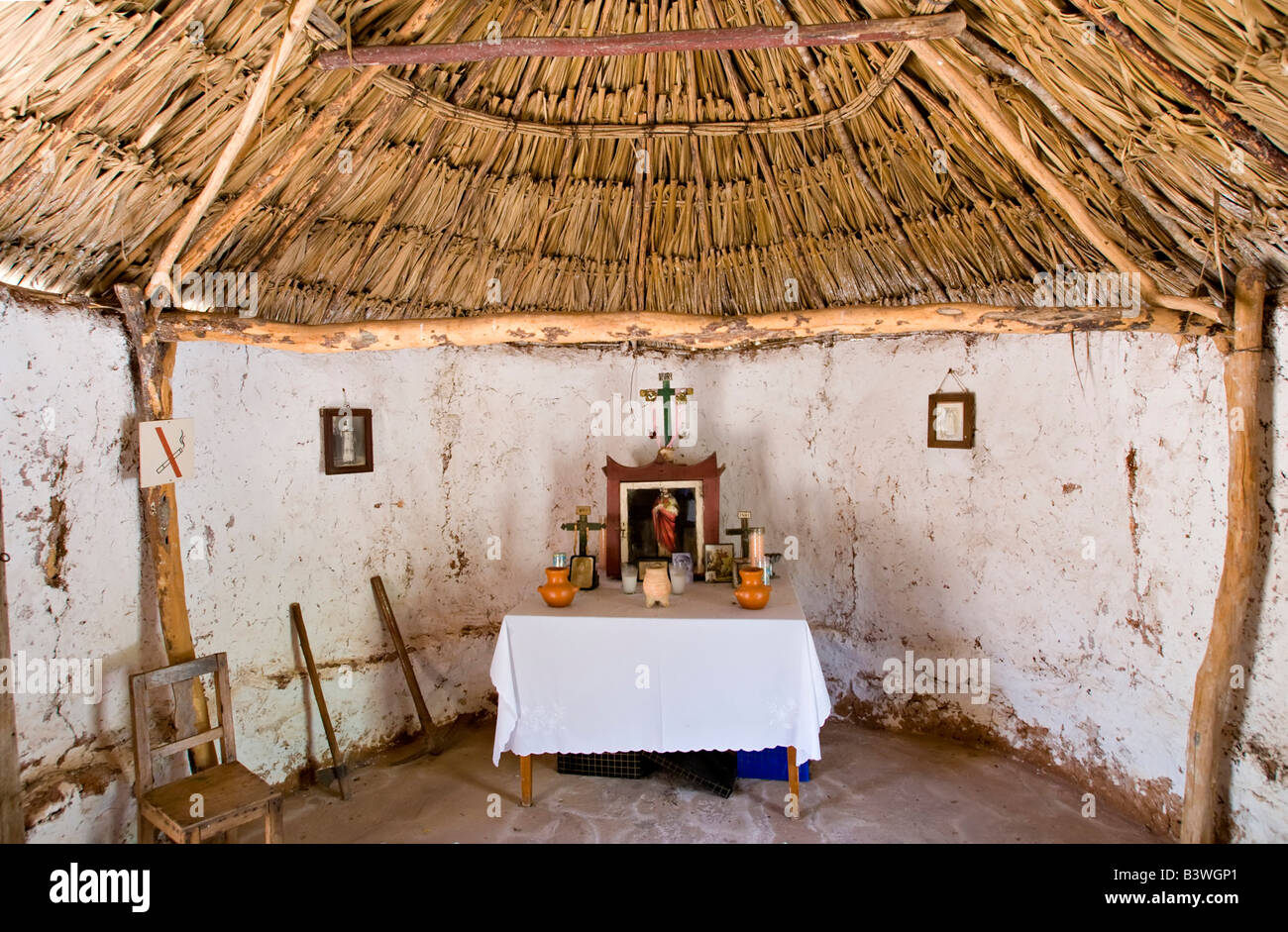 North America, Mexico, Yucatan, Merida. The interior of a Mayan hut at ...