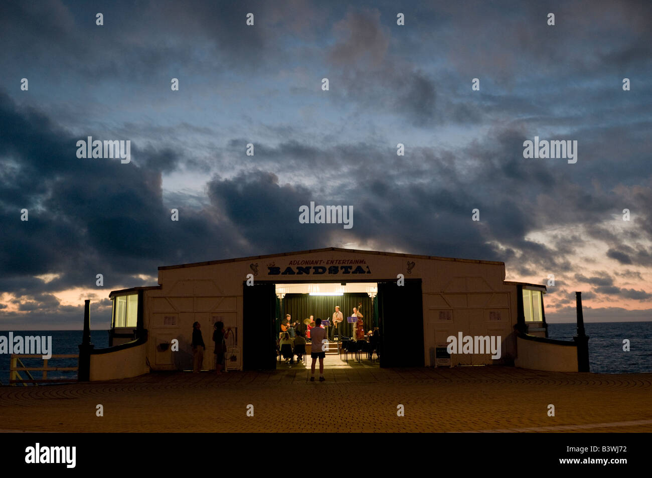 Jazz musicians playing music in Aberystwyth bandstand on the promenade ...