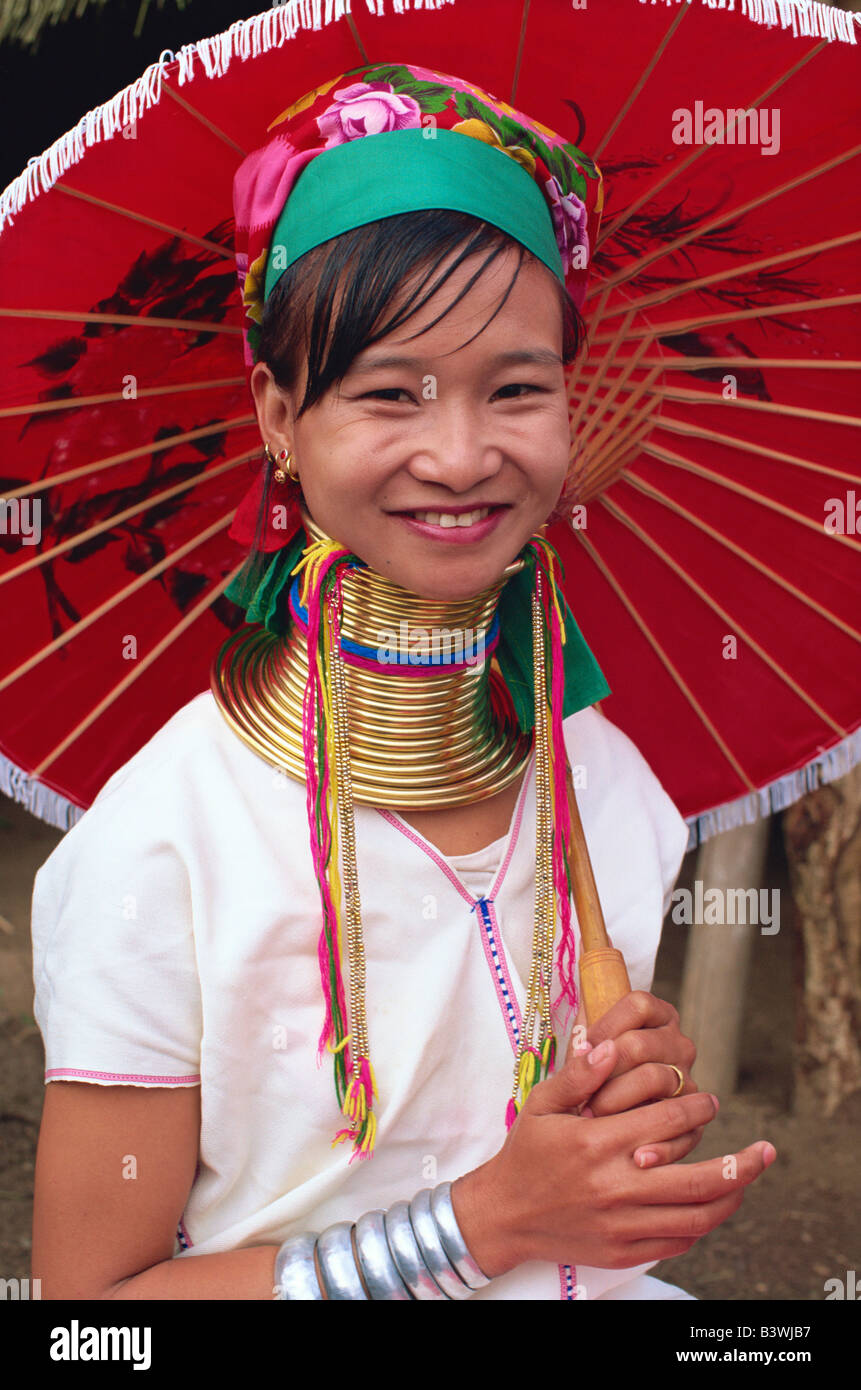 Portrait of a Karen tribal woman holding a parasol, Chiang Rai, Chiang ...