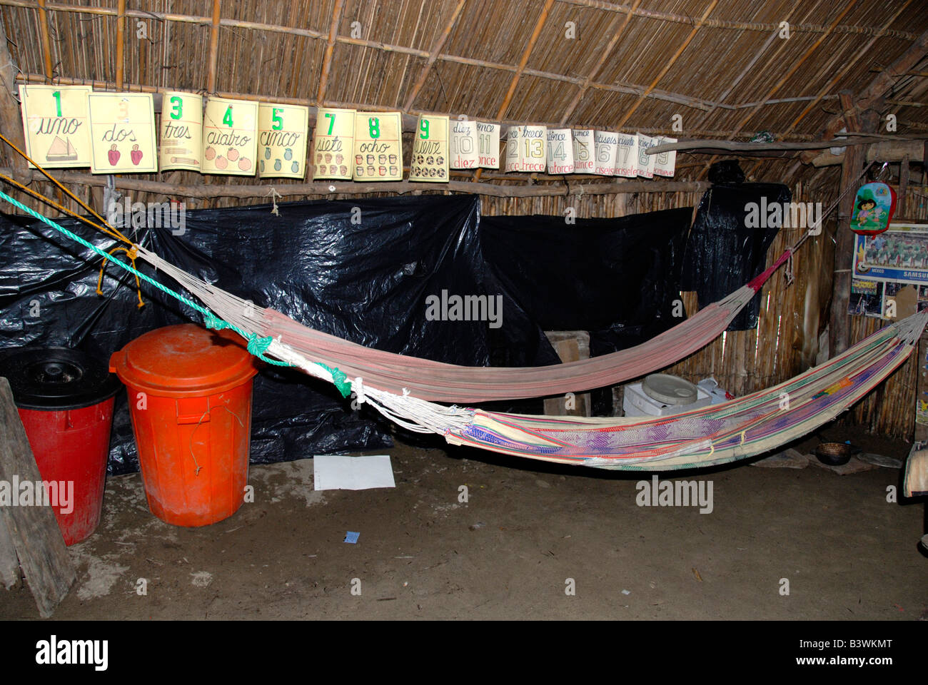 Central America, Panama, San Blas Islands. Inside a typical Kuna home ...