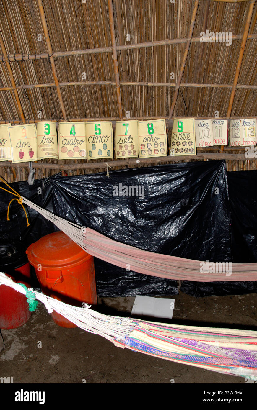Central America, Panama, San Blas Islands. Inside a typical Kuna home ...
